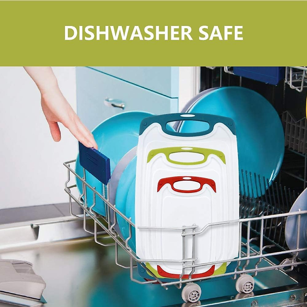 Cutting Boards for Kitchen, Plastic Chopping Board Set of 4 with Non-Slip Feet and Deep Drip Juice Groove, Easy Grip Handle, BPA Free, Non-porous, Dishwasher Safe