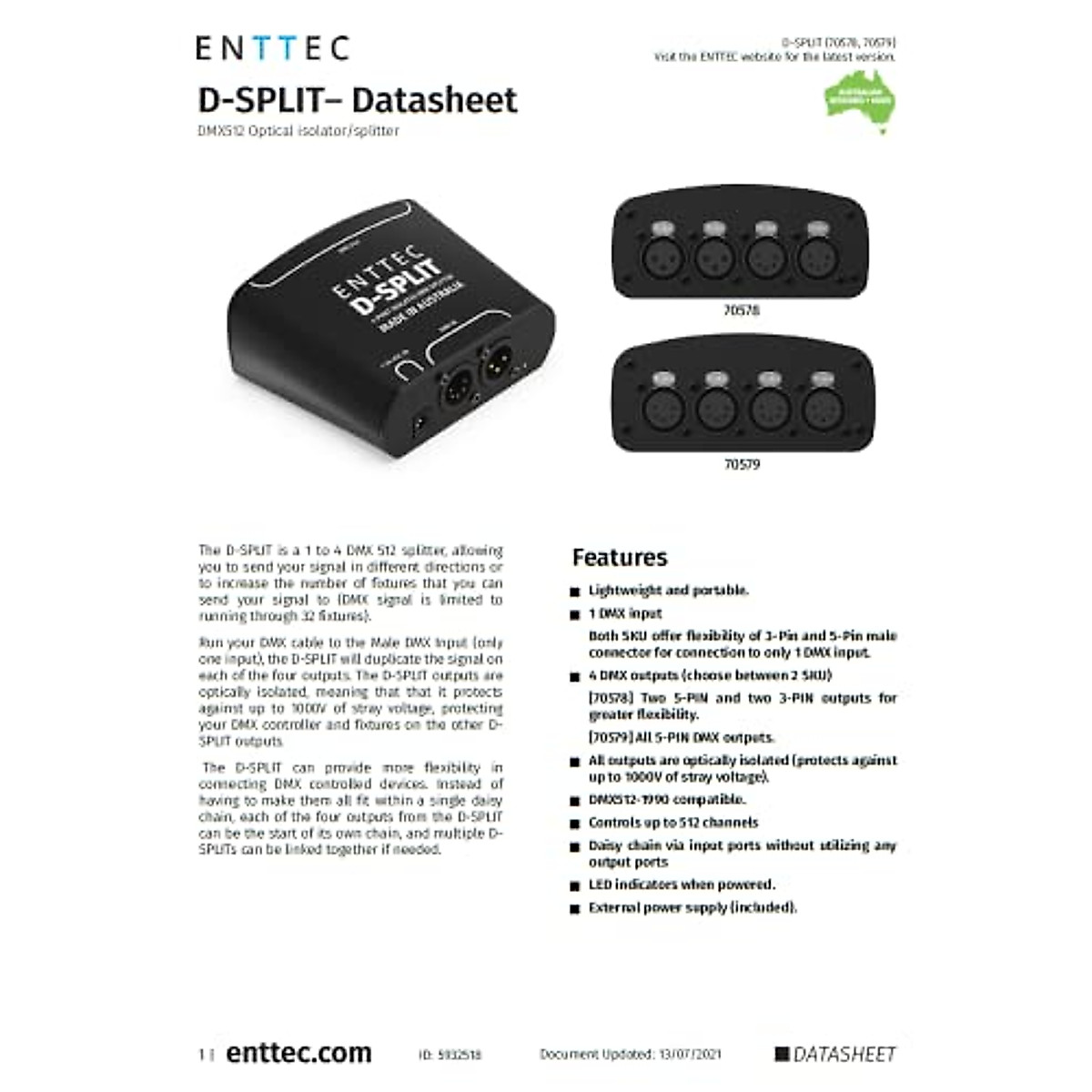 Enttec D-Split 70578 DMX 4 Port Isolated Splitter / Isolator (3/5-Pin)