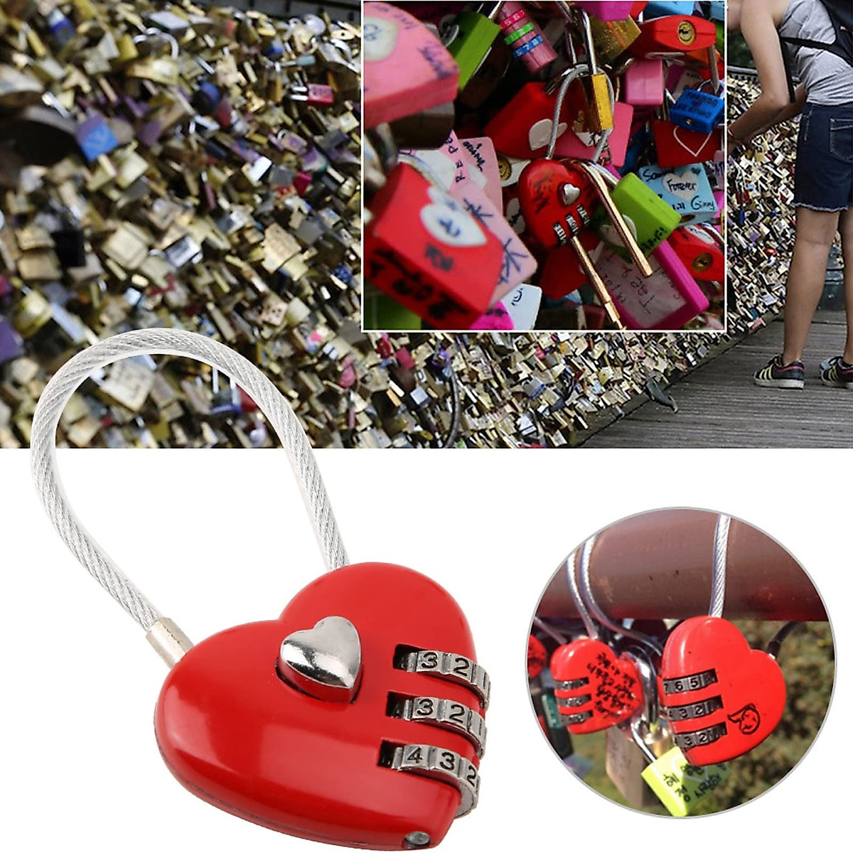 Heart Shaped Lock, 3 Digit Mini Lock, with Love Heart Wire Rope, Password Lock for Luggage, Backpack, Jewelry Box, Entrance Locker