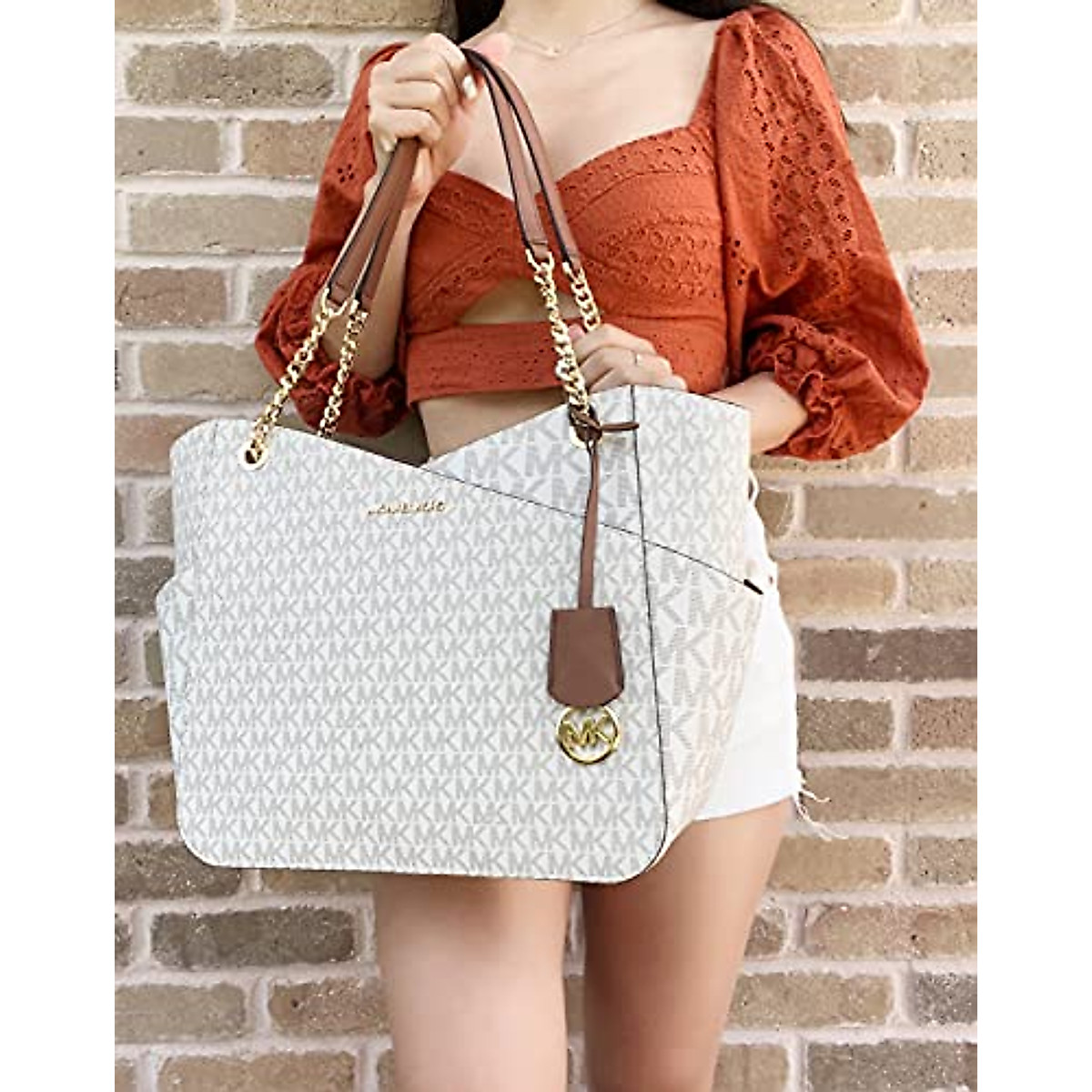 Michael Kors Jet Set Travel Large Chain Shoulder Tote Vanilla MK Signature Logo Bundled Jet Set Travel Continental Wristlet Vanilla Signature MK