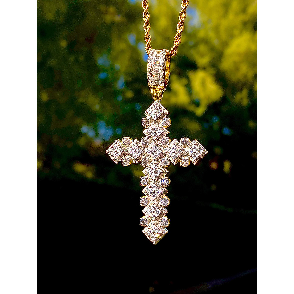 Custom Cross Men Women 925 Italy Gold Finish Iced Silver Charm Ice Out Pendant Stainless Steel Real 3 mm Rope Chain , Mans Jewelry, Iced Pendant, Rope Necklace 16"- 24" (24" Chain + Pendant Set)