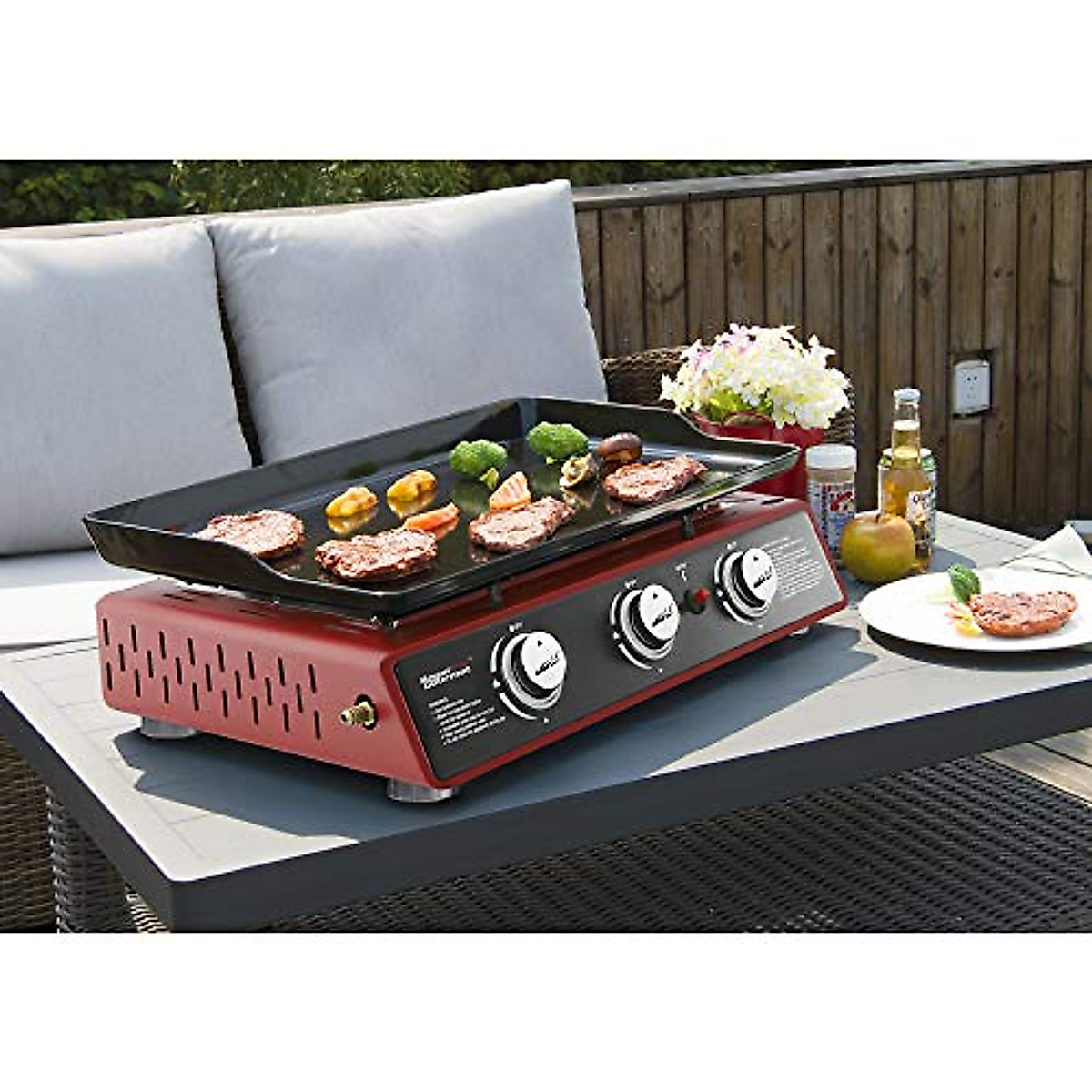 Royal Gourmet PD1301R Portable 24-Inch 3-Burner Table Top Gas Grill Griddle with Cover, 25,500 BTUs, Outdoor Cooking Camping or Tailgating, Red