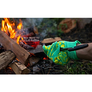 J H Heat Resistant Oven Gloves: EN407 Certified 932 °F, Bluish Green Shell with Yellow Silicone Coating, BBQ & Oven Mitts for Cooking, Kitchen, Fireplace, Smoking, Grilling, Baking, Women Fits All