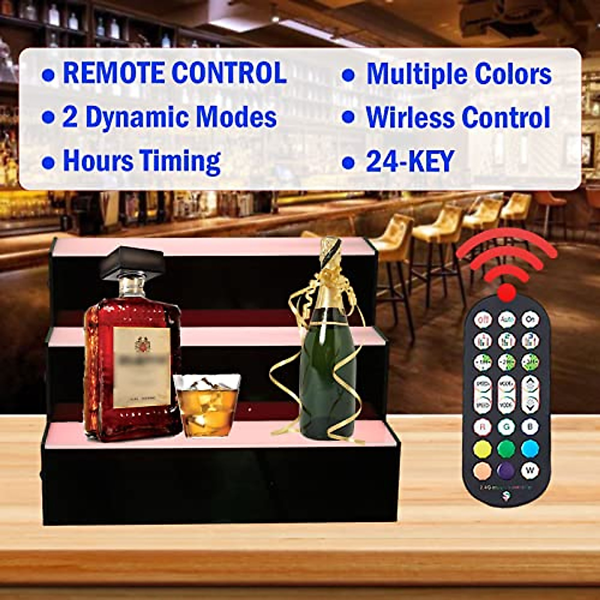 Ganggend 16 Inch 3-Step LED Lighted Liquor Bottle Display Shelf, LED Bar Shelves for Home/Commercial Bar Living Room Accessories and Decor Acrylic, Lighted Bottle Display with Remote & App Control