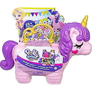 Polly Pocket 2-in-1 Travel Toy Playset, Unicorn Toy with 2 Dolls & 25 Surprise Accessories, Unicorn Party Large Compact