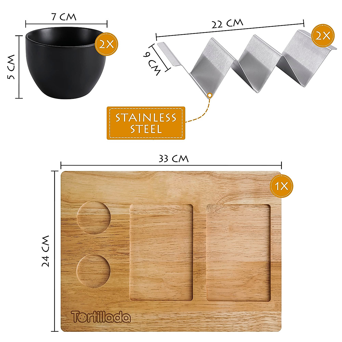 Tortillada - Taco Holders Set of 2 / Taco Holder Stainless Steel with Wooden Serving Tray incl. 2 Ceramic Dip Bowls + Recipe Book