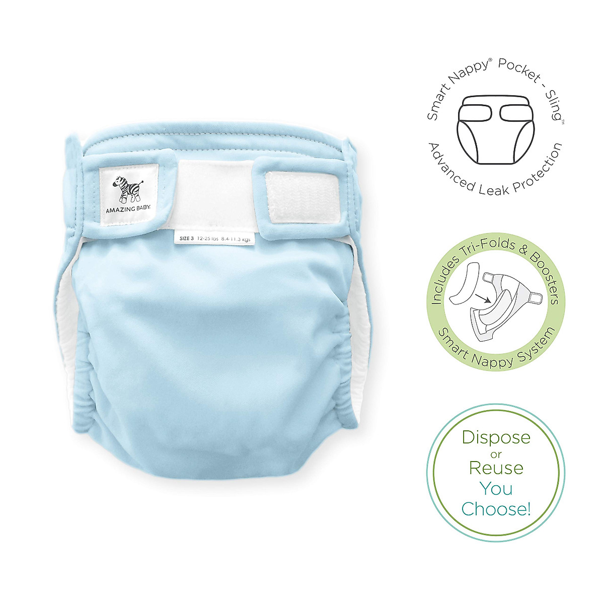 Amazing Baby Hybrid Cloth Diaper Cover/Swim Diaper, Med, Sz 3 (12-25 lbs), Use Boosties Disposable or Reusable Inserts, Pastel Blue, SmartNappy Set: Cover + Tri-Fold + Booster Pad