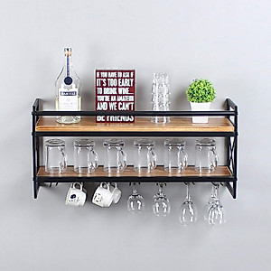 OISSIO Industrial Stemware Rack,Wine Rack Wall Mounted with Wood Shelves,2 Tier Stemware Storage with 7 Stem Glass Holder for Wine Glasses,Mugs,Home Decor,Black(30 inch)