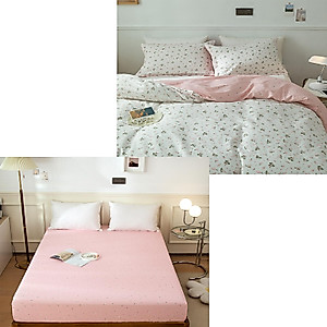 EAVD Vintage Style Garden Pink Floral Duvet Cover Set 1 Queen Duvet Cover + 2 Matching Pillowcases+ 1 Queen Bed Fitted Sheet Soft Cotton Bedding Set