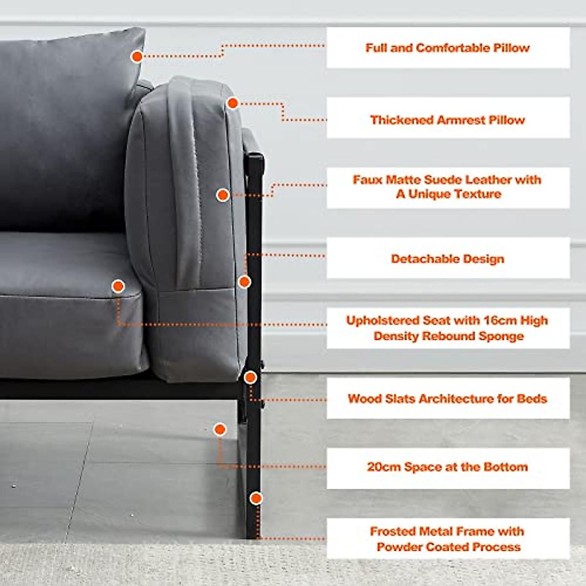 TUKAILAi Faux Suede Leather Single Sofa Couch with 1 Cushion, Modern Accent Chair with Arms and Metal Frame for Living Room, Upholstered Lounge Chair Armchair for Bedroom Guest Reception (Grey)