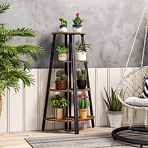 GOFLAME 4-Tier Industrial Corner Shelf, Freestanding Corner Ladder Bookshelf with Anti-Tipping Kit, Multipurpose Display Rack, Plant Stand for Home Office, Living Room, Bedroom, Kitchen, Rustic Brown