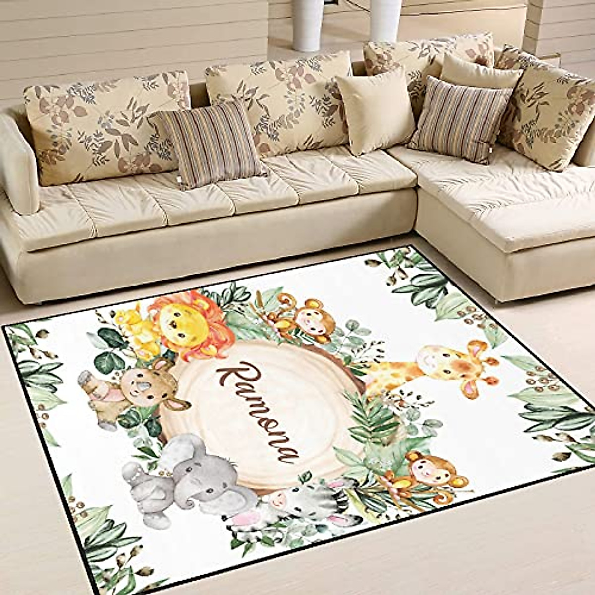 Personalized Cute Greenery Wild Jungle Safari Animals 4'x5.2' Non-Slip Area Rug with Name Text Custom Carpet Floor Mat for Bedroom Living Room Home Decoration