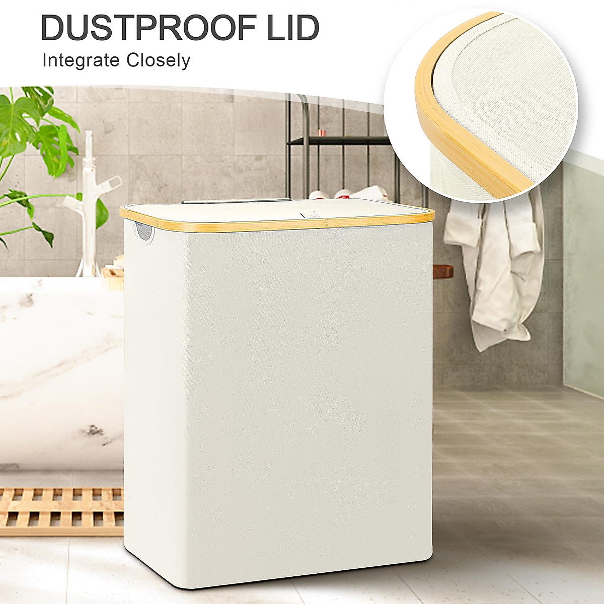 Bellzacasa Double Laundry Hamper with Lid, 145L Large Collapsible Hampers for Laundry with Removable Laundry Bags, Divided Dirty Clothes Laundry Basket for Laundry Room, Bedroom, Bathroom (Beige)