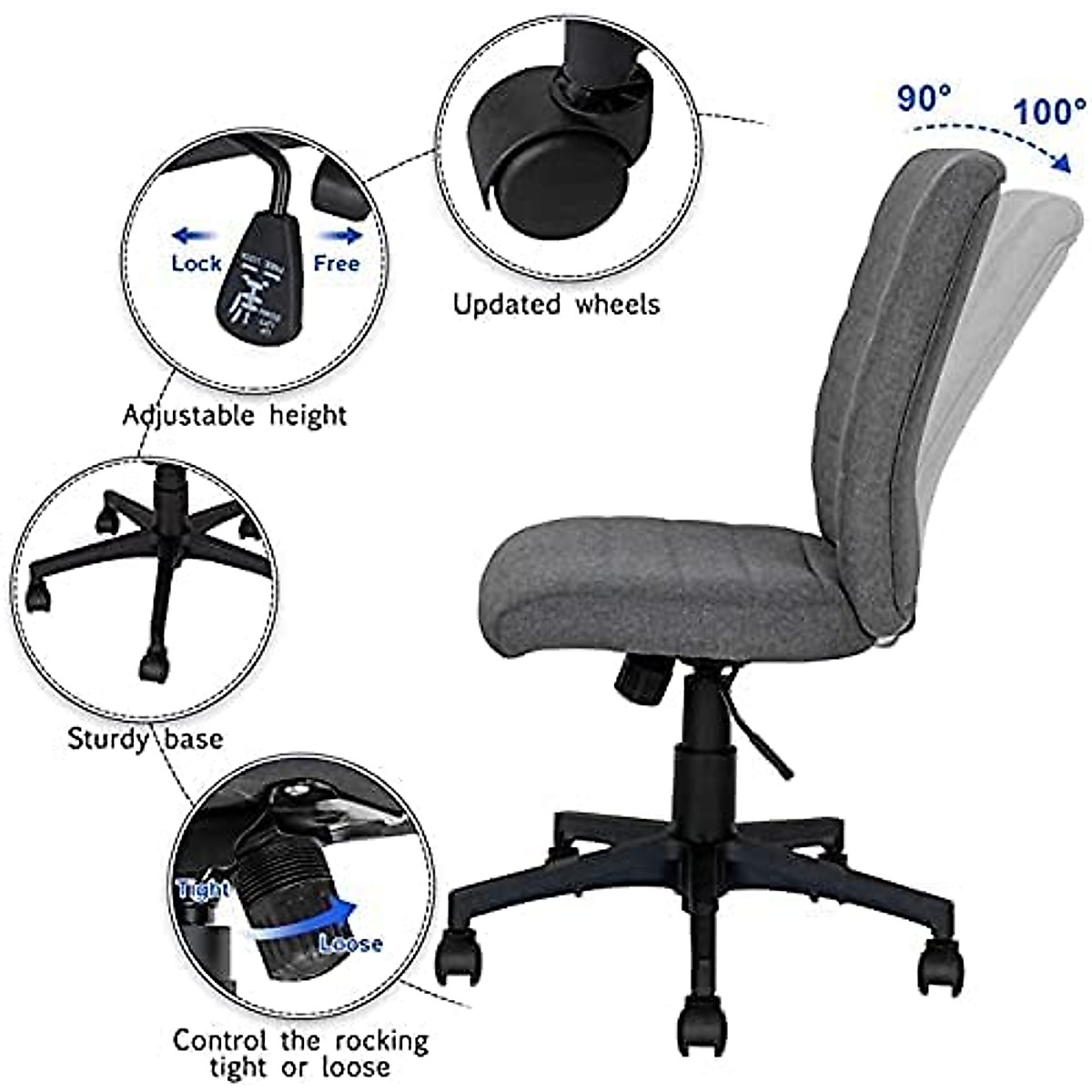 Ergonomic Home Office Desk Chair – Computer Mesh Adjustable Task Swivel Tilt Tension Armless Cushion Mid-Fiber Mesh Lumbar Support (Dark Gray)