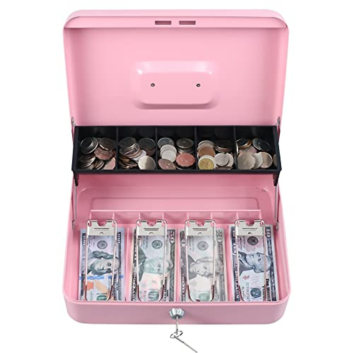 xydled Cash Box with Money Tray and Key Lock,Tiered, Cantilever Design,4 Bill / 5 Coin Slots,11.8" x 9.5" x 3.5",Pink