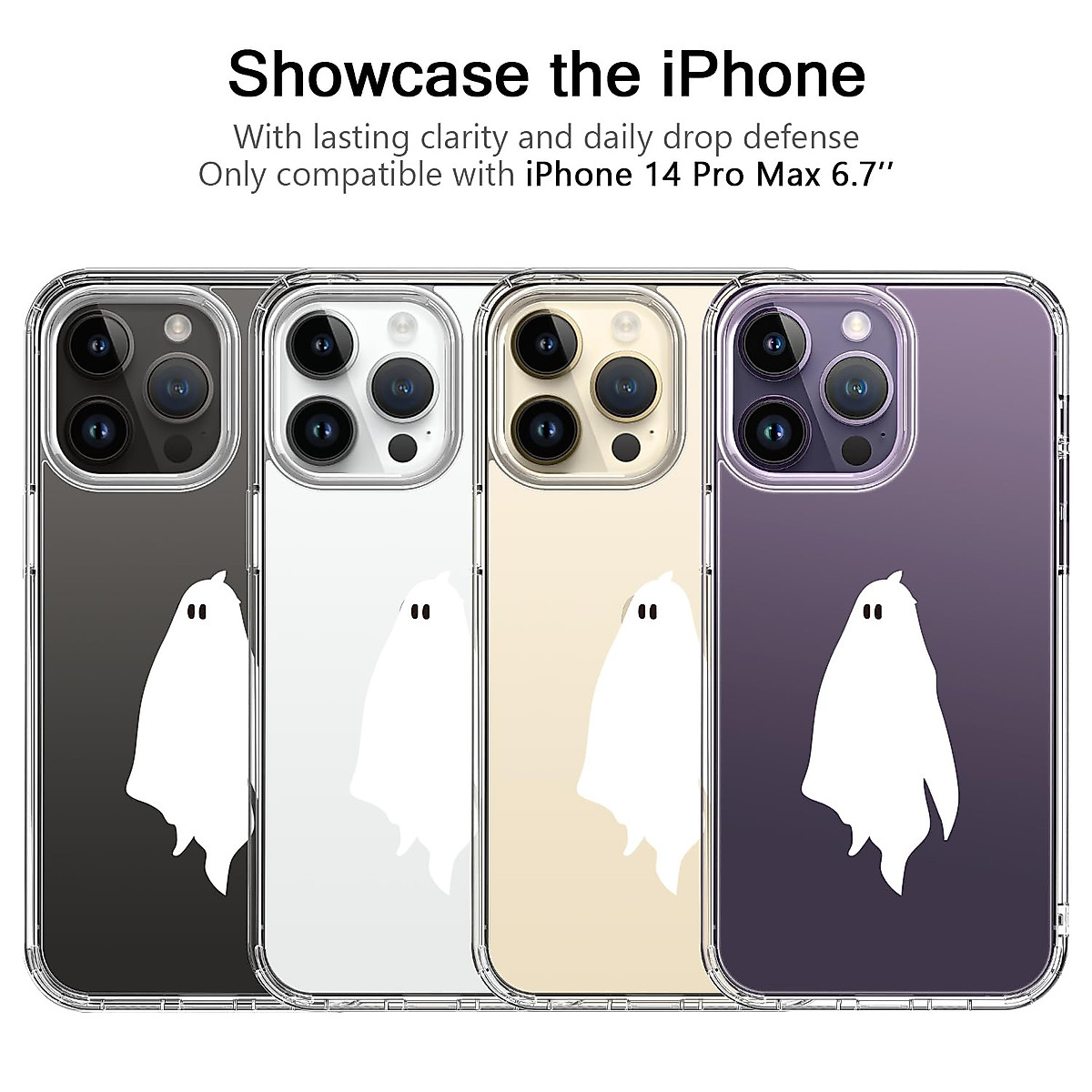 bicol for iPhone 14 Pro Max Case with Clear Fashionable Designs for Women Girls,[with Screen Protector] Slim Fit Shockproof Durable Protective Phone Cover for 6.7 inch,Cute Ghost