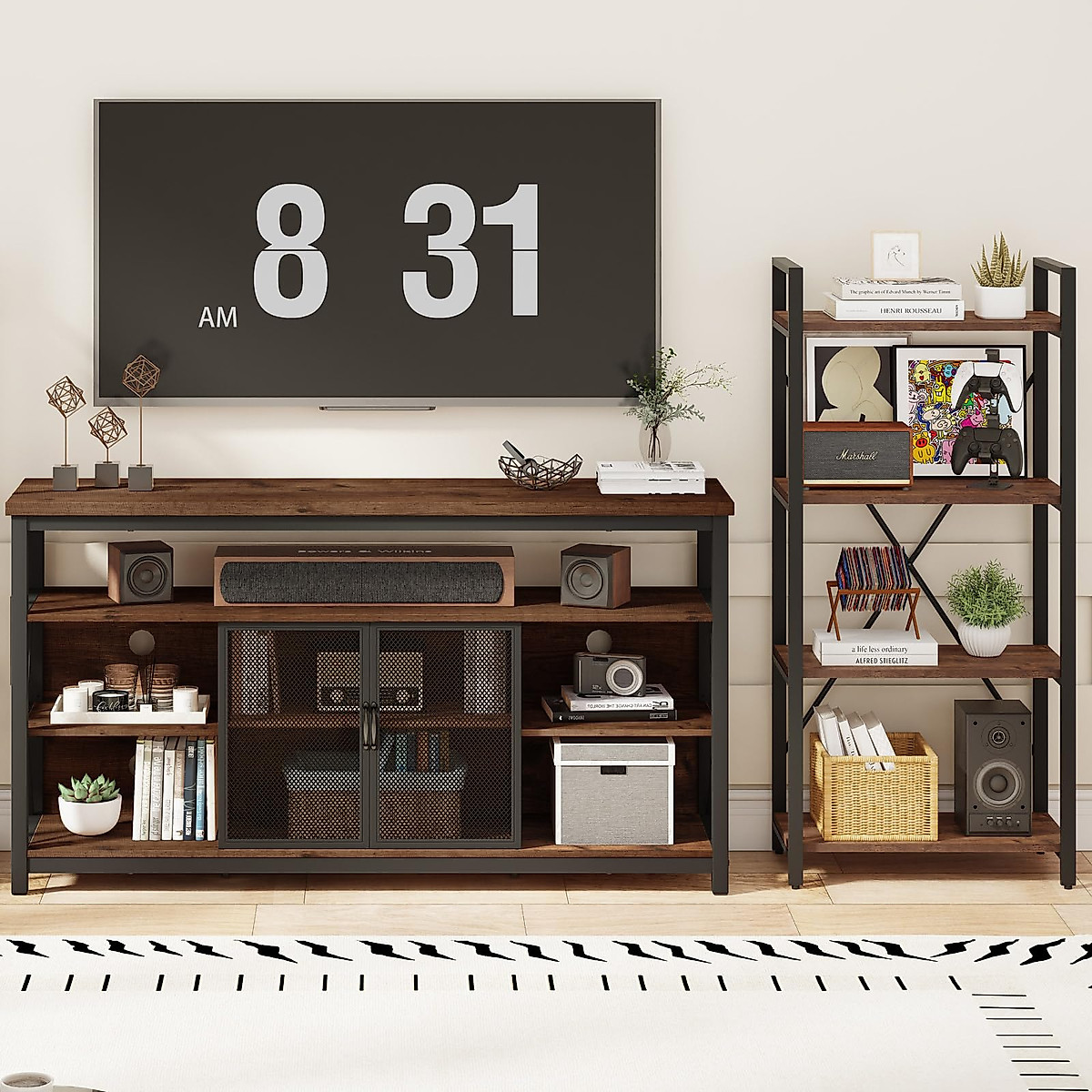 BON AUGURE Tall TV Stand for TVs up to 65 Inch, Industrial Wood Entertainment Center with Storage Cabinet, Farmhouse TV Media Console for Living Room and Bedroom (32 Inch High, Rustic Oak)