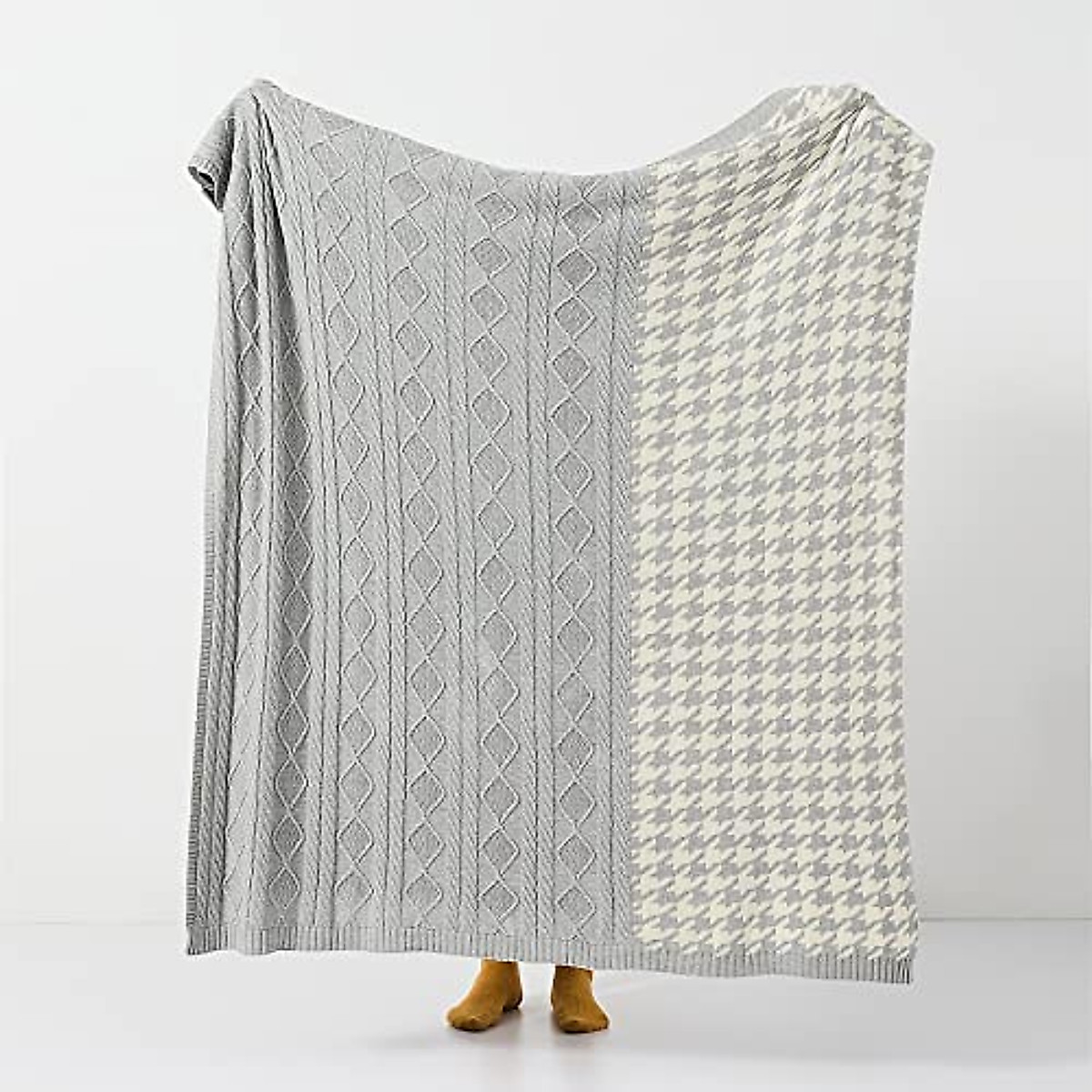 GunziStreet 100% Pure Cotton Knitting Throw Blanket Houndstooth Thousand-Bird Pattern Splicing Nordic Style Soft Warm Home Decor for Bed Couch Bedroom (Light Gray, 51x63)