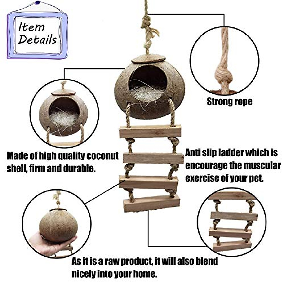 kathson Lizard Coco Den with Ladder, Bearded Dragon Tank Accessories Gecko Coconut Husk Hut with Jungle Climber Vines with Suction Cups Habitat Décor