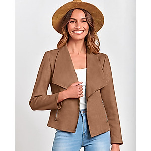 BTFBM Womens Faux Suede Jackets Dressy Spring Summer Clothes 2025 Lapel Long Sleeve Open Front Cropped Outerwear Coats(Solid Camel, Small)