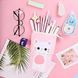 iSuperb Cute Pencil Case Standing Pen Holder Cat Pencil Bag Cartoon Pen Box Kawaii Pencil Pouch Big Makeup Cosmetics Bag with Zipper for Office Organizer Travel Storage Women Men