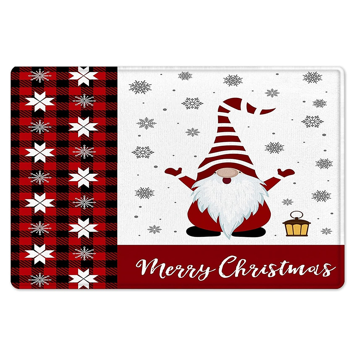 HVEST Merry Christmas Gnome Memory Foam Bath Mat, White Snowflakes on Red and Black Plaid Non Slip Bath Rug Kitchen Mat Door Mat Washable Absorbent Bathroom Décor Rug, 16 X 24 Inches