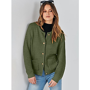 ANRABESS Women's Tweed Knit Cardigan Sweater Casual Long Sleeve Cropped Button Down Lady Jackets 2025 Spring Fashion Outwear Army Green Medium