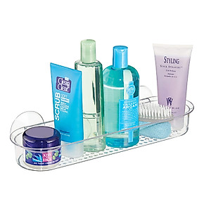 iDesign Plastic Bathroom Suction Holder, Shower Organizer Shelf Basket for Sponges, Scrubbers, Soap, Shampoo, Conditioner, 15" x 4.5" x 2" - Clear