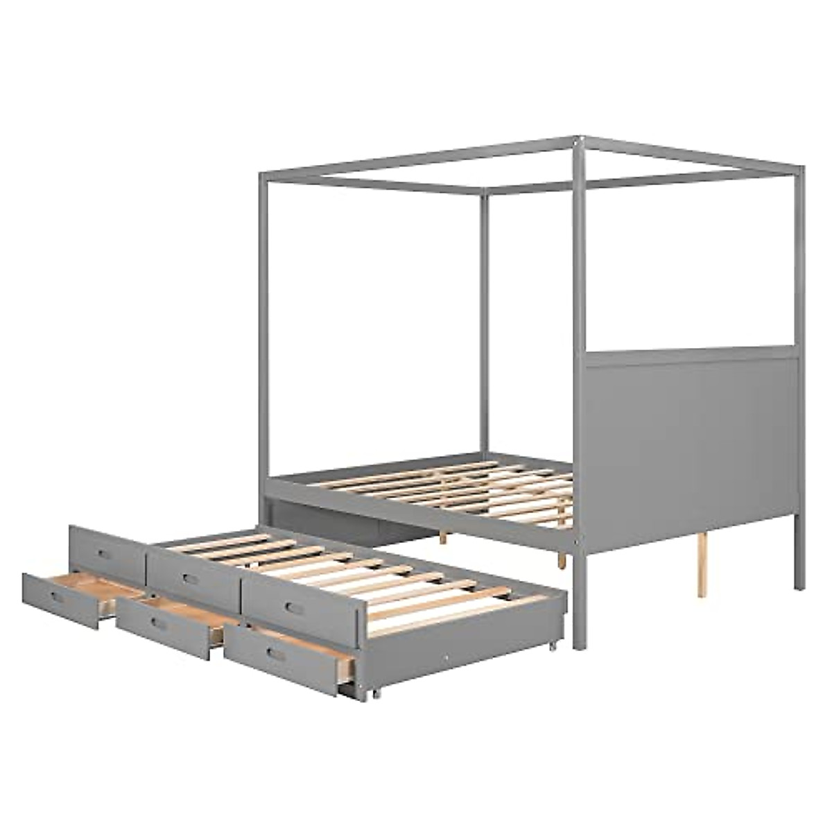RORIGAT Queen Size Canopy Platform Bed with Twin Trundle and Three Storage Drawers, Wooden Daybed Frame Beds for Kids Teens Boys Girls,Gray