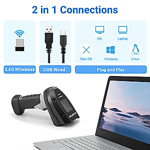 Barcode Scanner Wireless, Onewscan 1D Laser Barcode Reader with Stand 2.4G Wireless & USB Wired Connection 2 in 1 Plug and Play Handheld Bar Code Scaners