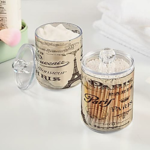 DOMIKING Paris Calligraphy 2 Pack Cotton Swab Holder Dispenser Plastic Jar Bathroom Storage Canister Acrylic Containers for Cotton Ball Cotton Swab Cotton Round Pads