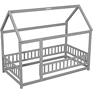 Harper & Bright Designs Twin Floor Bed for Kids, Wooden Twin Montessori Floor Bed with Fence-Shaped Rails, Twin Size House Bed for Girls, Boys(Twin, Grey)