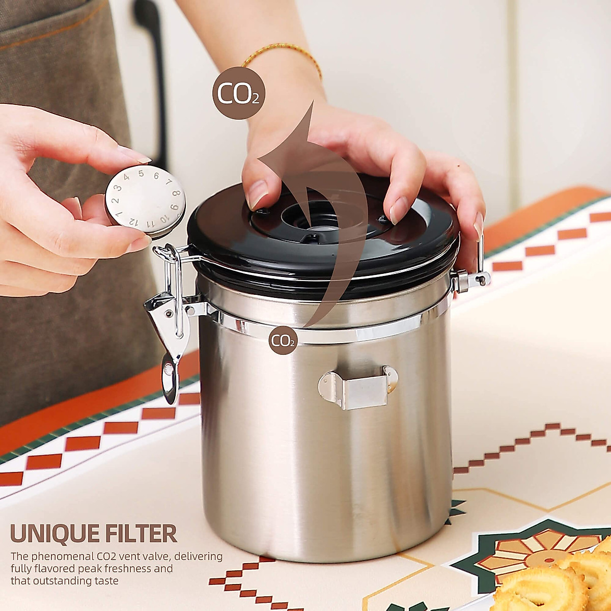 SUNWUKIN Coffee Canister, Airtight Stainless Steel Kitchen Food Storage Container with Date Tracker and Scoop for Beans, Grounds, Sugar, Tea, Flour, Cereal, Stainless Steel 22OZ