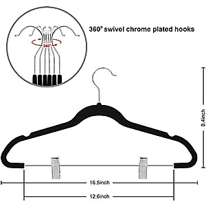 TIMMY 30-Pack Pants Hangers, 16.7-Inch Long Velvet Trousers Hangers with Adjustable Clips, Heavy-Duty, Non-Slip, Space-Saving ，360 ° Swivel Hooks Black Velvet Hanger