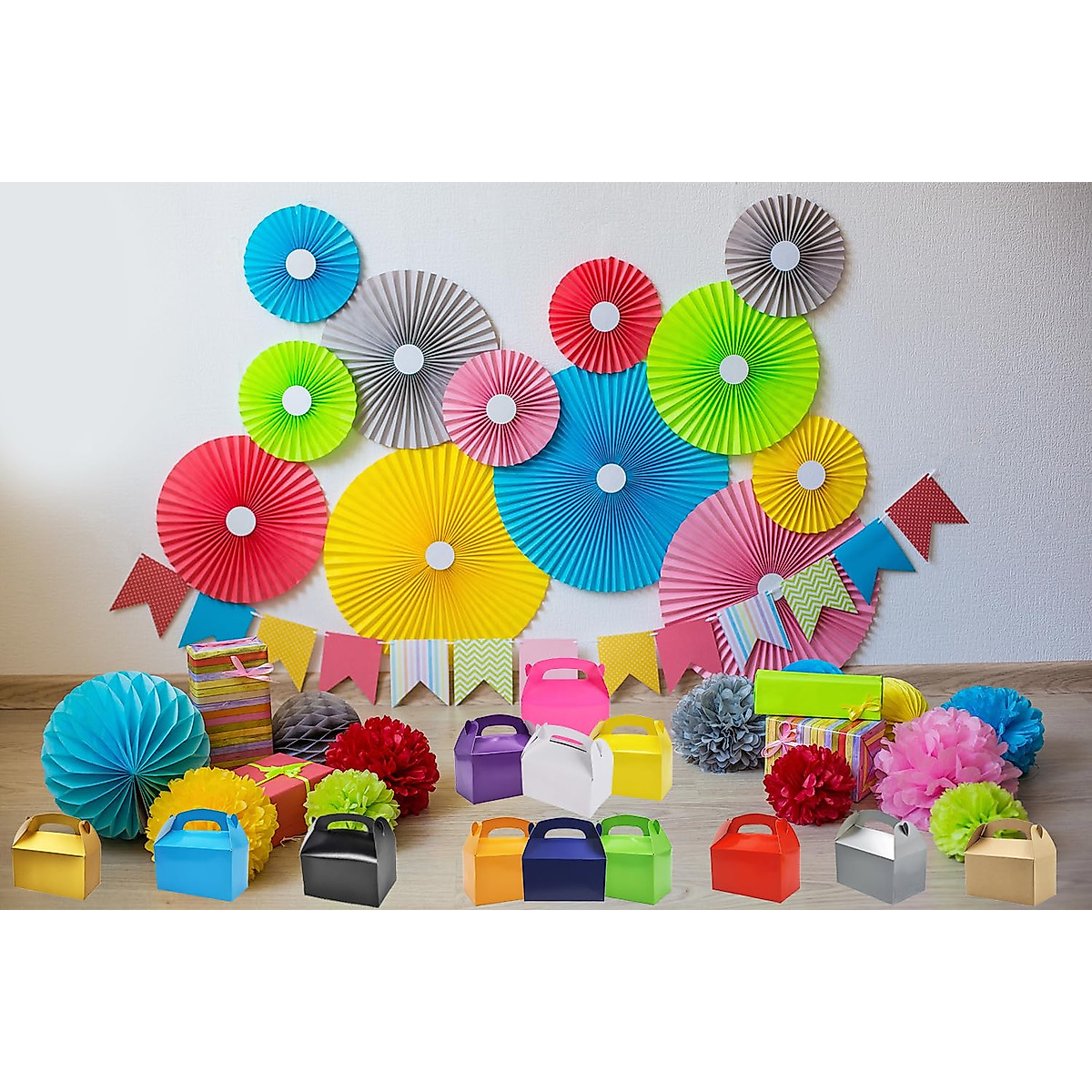 The Dreidel Company Gable Treat Boxes, (24-Pack) Party Favor Boxes for Kids Birthday, Candy Boxes Party Favors, Weddings Events, Baby Shower, 6.25" x 3.5" x 3.5" Inch Box (Multi-Color Treat Box)