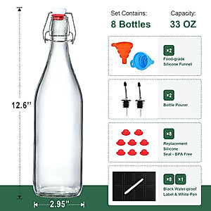 8 Pack [1 Liter / 33 fl. oz.] Swing Top Glass Bottles w/ Airtight Stopper Lids – Flip Top Brewing Bottle for Fermentation, Kombucha, Mead, Vinegar, Beer, Kefir, Wine – With 8 Extra Seals & 2 Pourers
