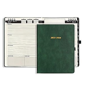 HARDCOVER Daily Leather Planner Weekly Monthly - 8.5x11 - Ensight Academic Planner Business Personal or Student - Pen Holder, Bookmark, Notes Pages, Thick Paper, July 2023 - June 2024 (Green)