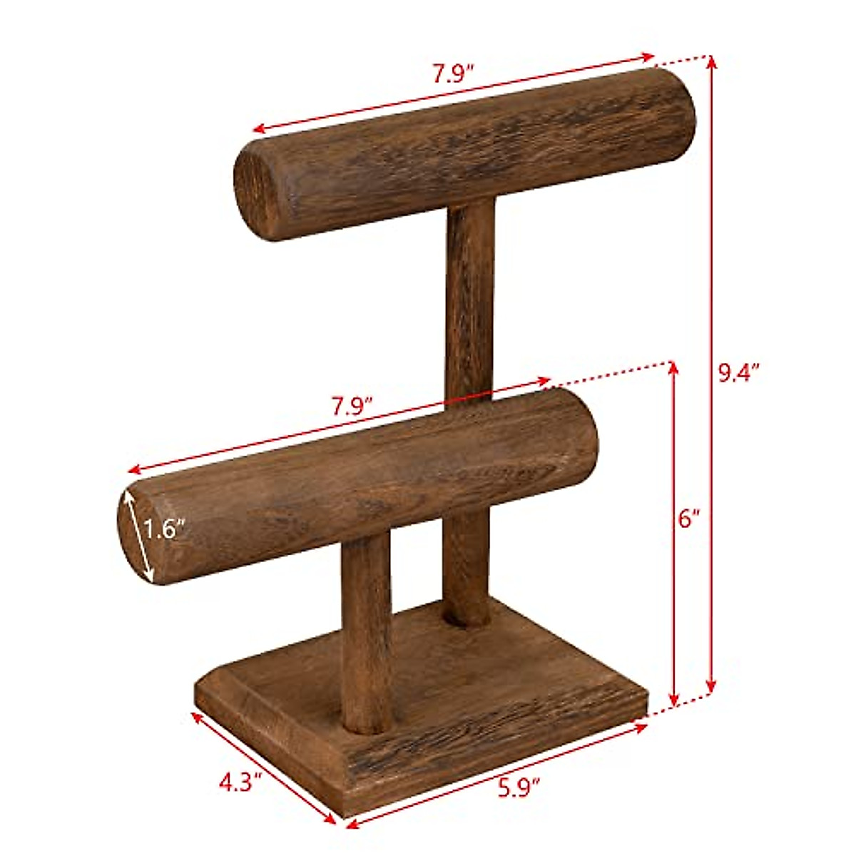 Ikee Design 2 Tier Wooden Jewelry Bracelet Watch Display Tower, Bangle Scrunchie Necklace Holder Storage Stand, 7.9" W x 4.3" D x 9.4" H, Brown Color