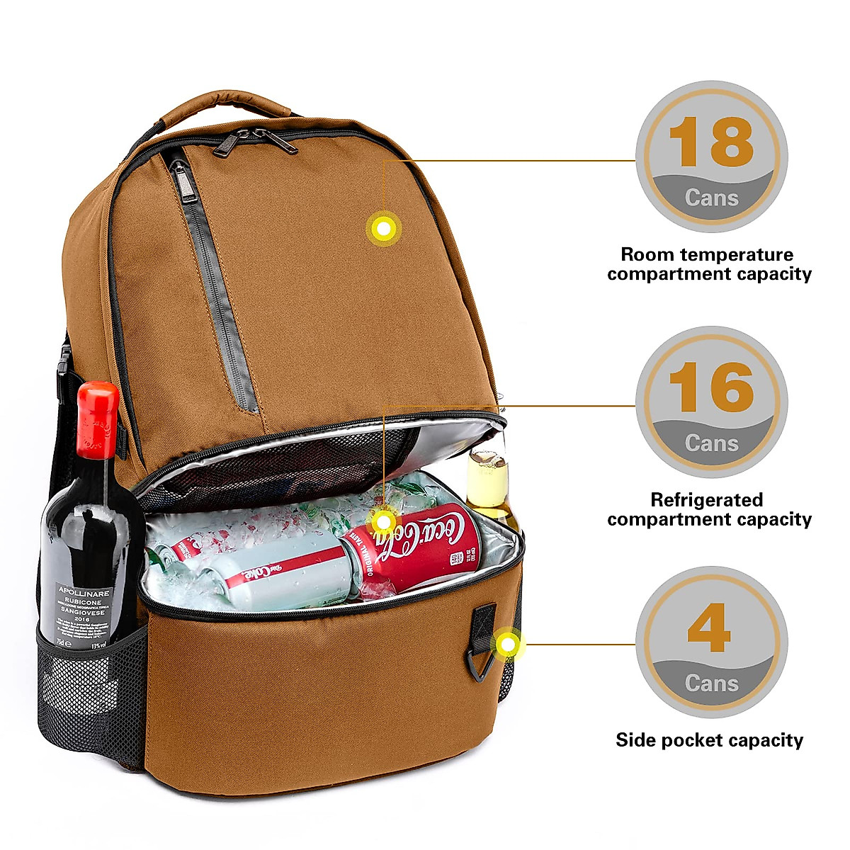 TUGUAN Insulated Cooler Backpack 38/42 Cans Double Deck Leakproof Lightweight Soft Lunch Backpack Small Cooler Bag Beach Picnic, Brown