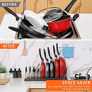 ROOHUA Pot Rack Organizer -Expandable Pot and Pan Organizer for Cabinet,Pot Lid Organizer Holder with 10 Adjustable Compartment for Kitchen Cabinet Cookware Baking Frying Rack,Bronze