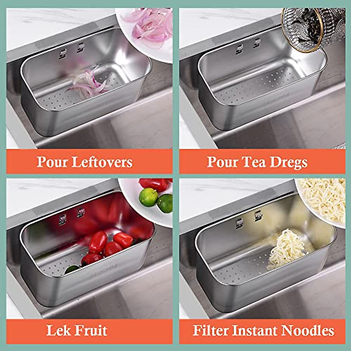 Stainless Steel Sink Drain Strainer Basket, Multifunction Sink Strainer Kitchen Food Catcher for Filter Kitchen Waste and Wash Vegetables Fruits (square silver)