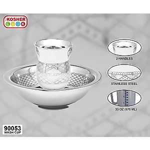 The Kosher Cook Stainless Steel Netilat Yadayim Set – Medium 5.75” Quilted Pattern, Dual Handle Cup with Matching Bowl - Rust, Break and Crack Proof Negel Vasser Set - Judaica Gift Collection
