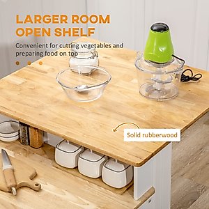 HOMCOM Kitchen Island with Storage Cabinet and 2-Level Rubber Wood Tabletop, Island Table with Adjustable Shelves and Drawers, White