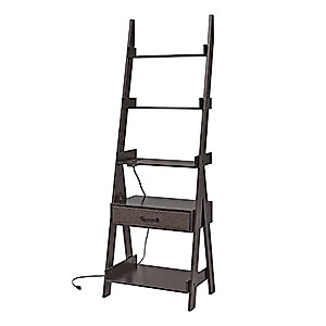 Lovitgo Modern Ladder Shelf, 5 Tiers Industrial Ladder Bookshelf, Comes with Power Outlet and Fast Charging, Wooden Bookcase with Drawers for Living Room, Home Office, Bedroom, Espresso Color
