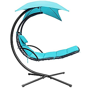 Greesum Hanging Curved Lounge Chaise Chair, Hammock Swing Chaise Chair, Floating Bed Furniture with Pillows, Canopy, Blue
