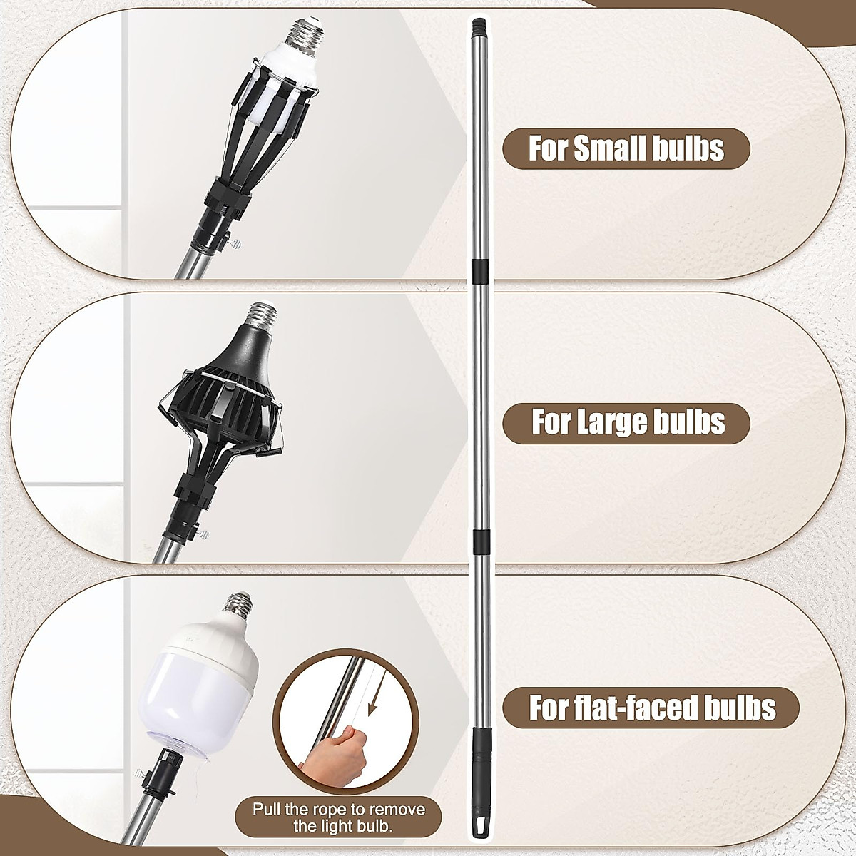 GADFISH 12FT Light Bulb Changer for High Ceilings, Light Bulb Changer with Baskets and Suction Cup, High Reach Light Bulb Changer with Pole - Light Bulb Removal Tool (Silvery)