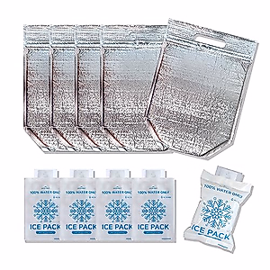 Insulated Lunch Bag with Zip Lock & Handle, Reusable Cool & Thermal Bags, Cooler Pouch, Hot & Cold, Ideal for Sandwich, Snack, Drink, Grocery, Camping (Medium_5 bags 9.8 x 11.0 inches + 5 Ice packs)