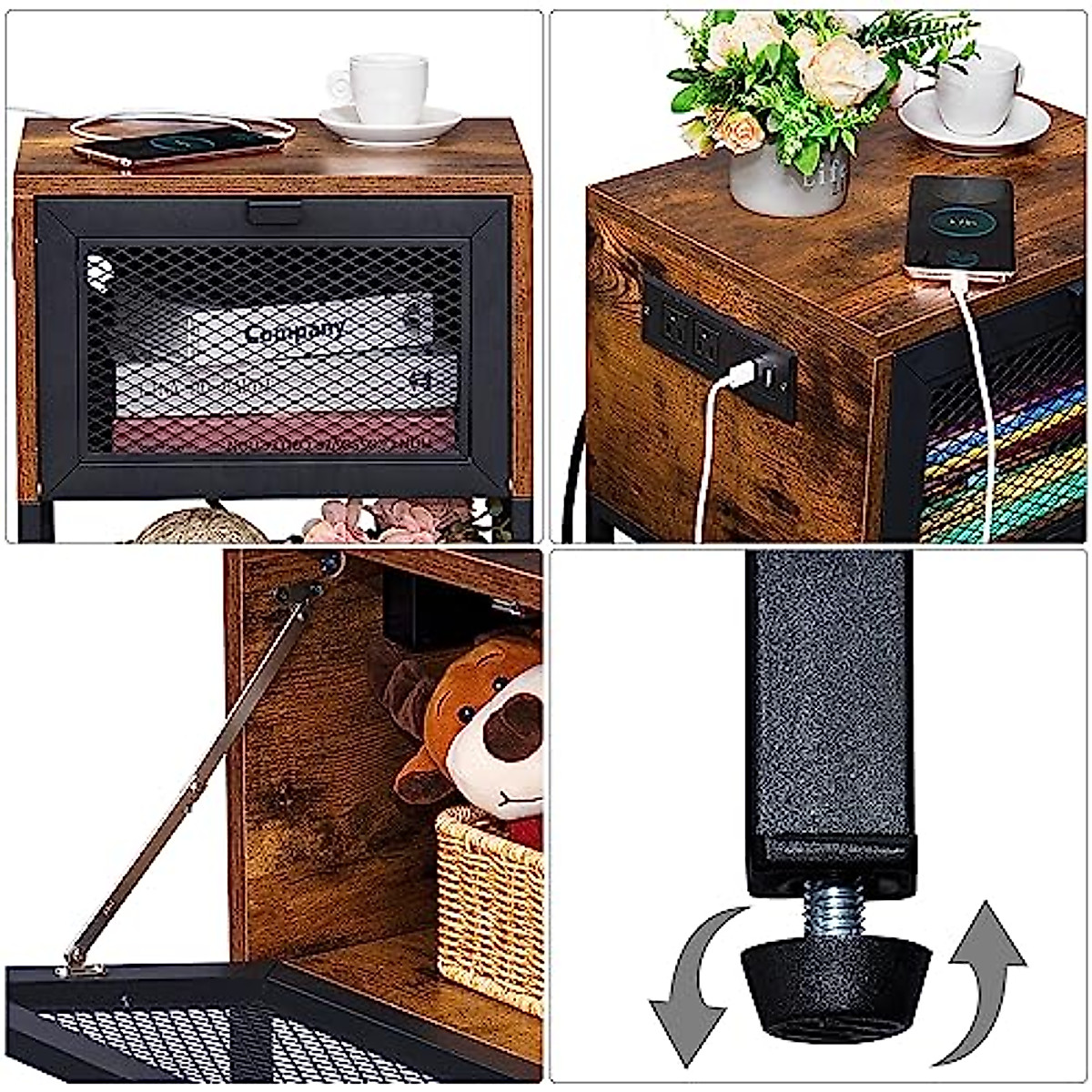 LEBOAHOUS Nightstand with Charging Station and USB Port, 3 Tier Industrial Night Stand, Bedside Table with Flip Storage Drawer and Open Shelf, End Side Table for Bedroom, Office, Dorm 26.2''H (Brown)