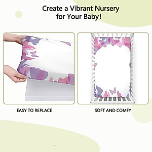 Butterfly Themed Fitted Crib Sheet,Standard Crib Mattress Fitted Sheet Toddler Bed Mattress Sheets-Great for Boy or Girl Room or Nursery, 28“ x52“,Pink Purple Gray
