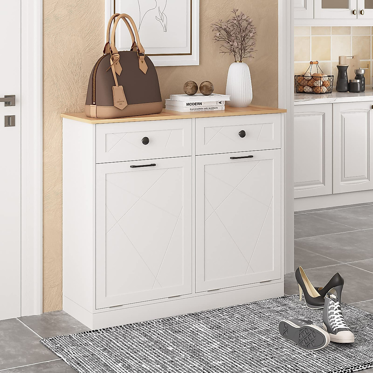 Vabches Trash Cabinet Double Trash Can, Dog Proof Tilt Out Trash Bin Holder, Hideaway Free Standing Recycling Cabinet with 2 Drawers for Kitchen Living Room White